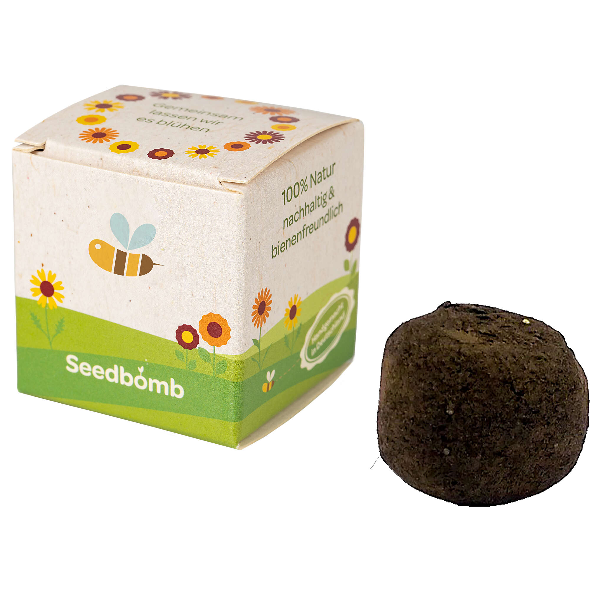 Samenbombe im Würfel - Wildblume (bedruckt, Pappe, Ton, Erde, Saatgut ...